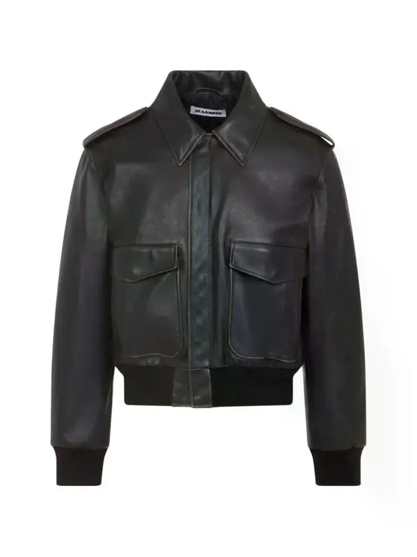 JIL SANDER Distressed Leather Bomber Jacket