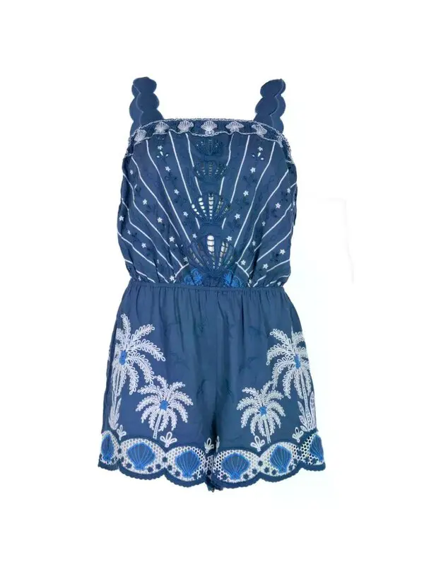 Farm Rio Embroidered Scalloped-strap Romper - Blue