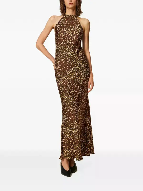 TWINSET Long Animal Print Satin Halterneck Dress
