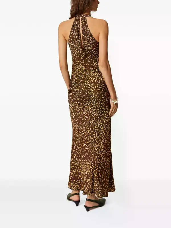 TWINSET Long Animal Print Satin Halterneck Dress
