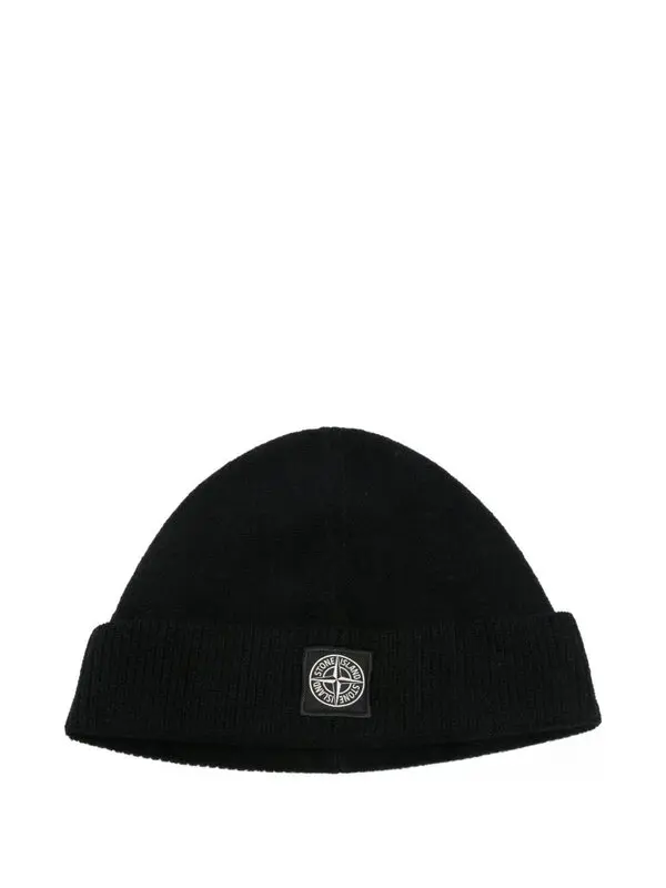 Stone Island Logo Patch Beanie Hat - Black