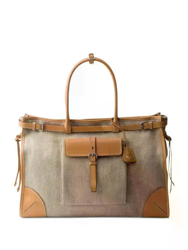 Prada Bonnie Linen And Leather Tote Bag - Neutrals