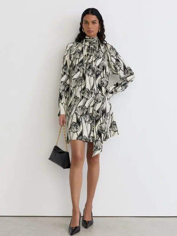 REISS Alwen Geometric Print Scarf-neck Mini Dress