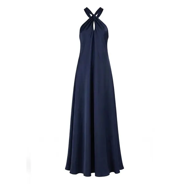BELSIZE25 Soft Sculpture Series – Satin Halterneck Midi Dress Navy - Blue