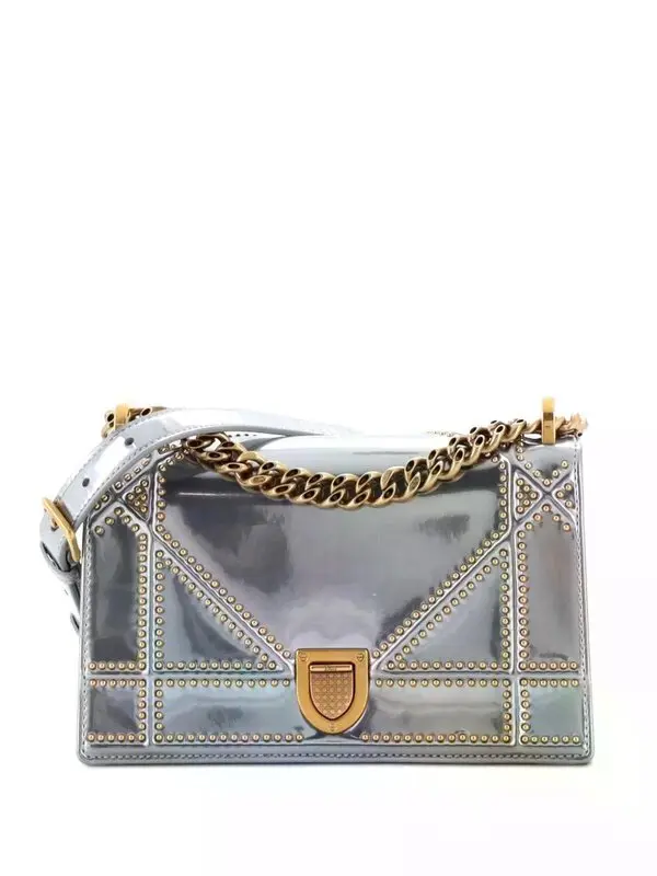 Dior Diorama Flap Bag Studded Patent Small Crossbody Bag - Silver