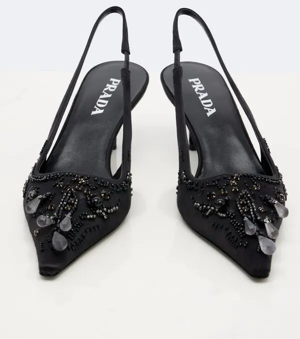 Prada Embellished Satin Slingback Pumps