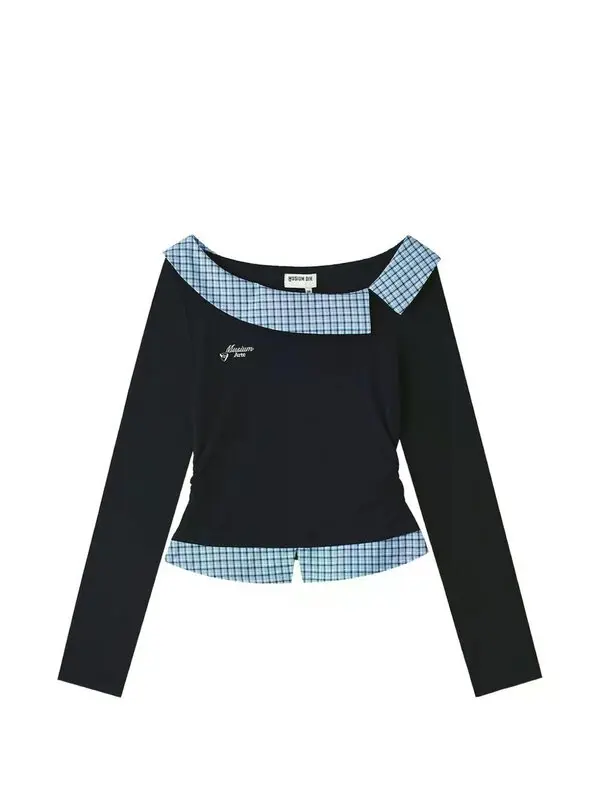 MUSIUM DIV. Asymmetrical Neck Long-sleeve Jersey With Checked Trim