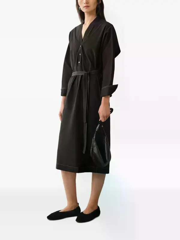 LESS Belted Midi Dress With V-neck And Contrast Stitching