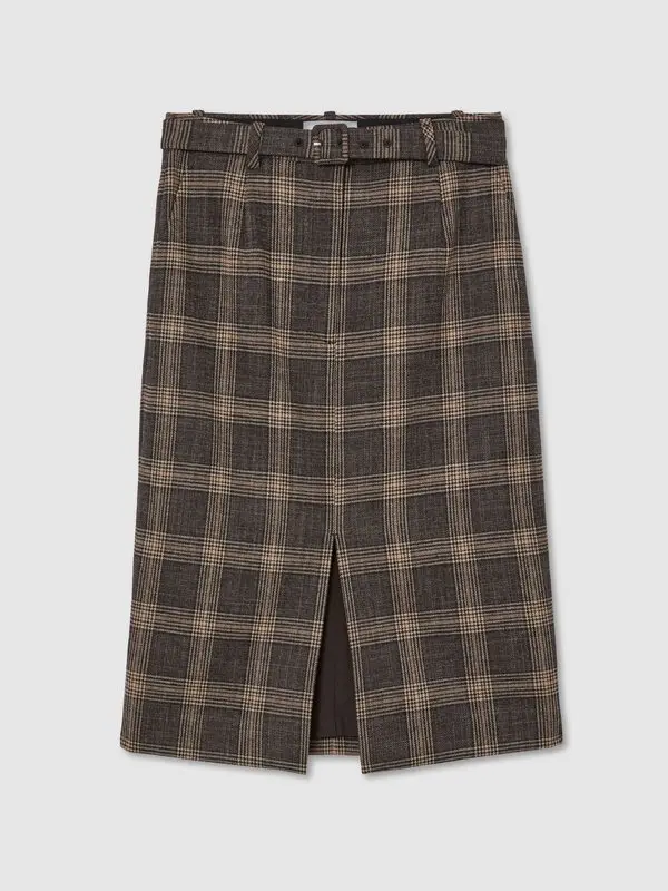 REISS Sandor Wool Check Pencil Midi Skirt