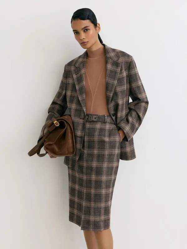 REISS Sandor Wool Check Pencil Midi Skirt