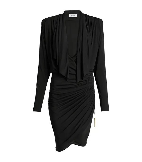 Balmain Draped Long-sleeve Mini Dress - Black