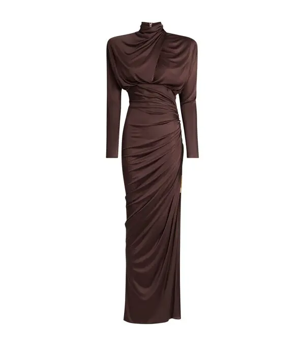 Balmain Draped Long-sleeve Maxi Dress - Brown