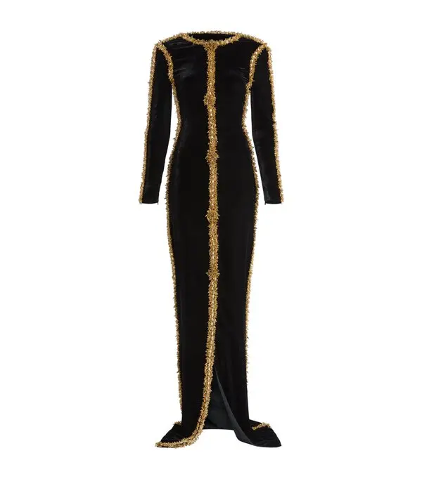 Balmain Velvet Beaded-trim Maxi Dress - Black