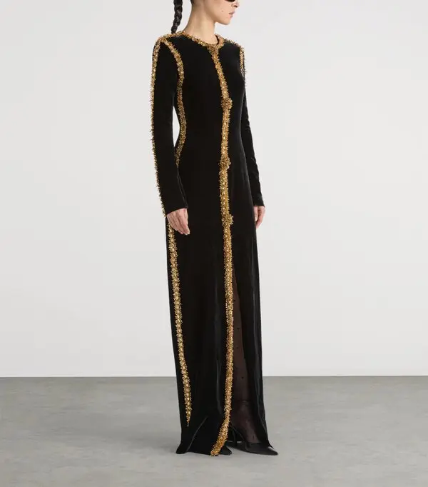 Balmain Velvet Beaded-trim Maxi Dress