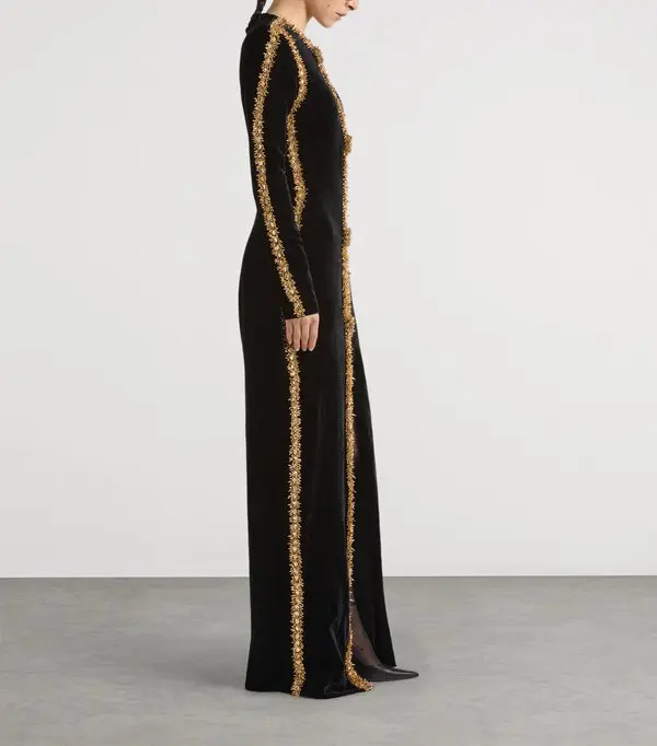 Balmain Velvet Beaded-trim Maxi Dress