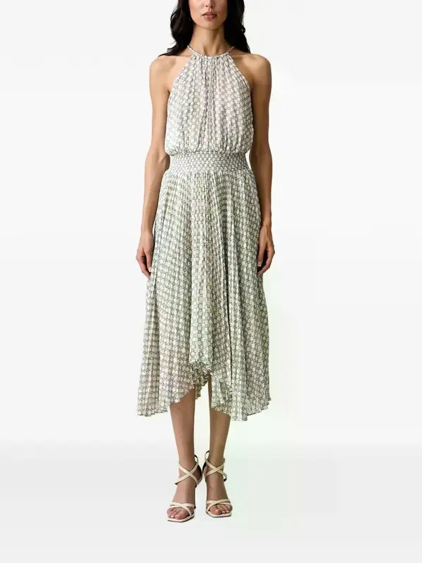 MORGAN Halterneck Midi Dress With Geometric Print And Pleated Finish - Neutrals