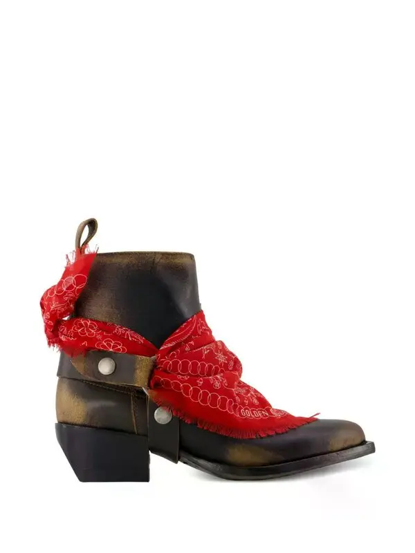 GOLDEN GOOSE Debbie Ankle Boots In Black Leather With Removable Buckle And Bandana - Brown