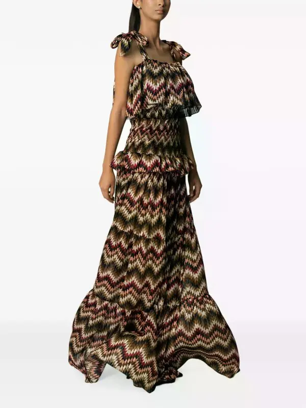 MIAU BY CLARA ROTESCU Meraki Chevron-print Tiered Maxi Dress - Brown
