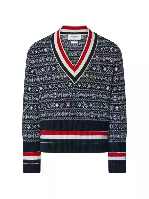 Thom Browne Snowflake Jacquard Cashmere V-neck Pullover