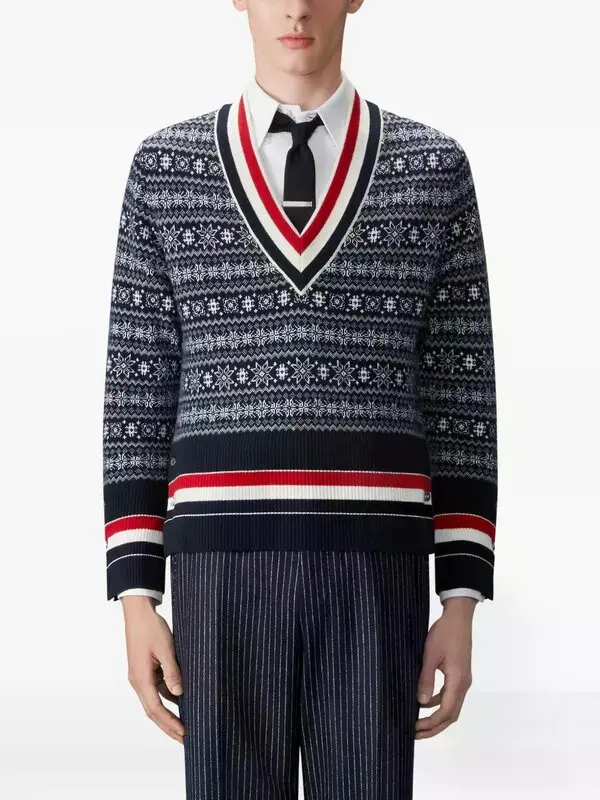 Thom Browne Snowflake Jacquard Cashmere V-neck Pullover