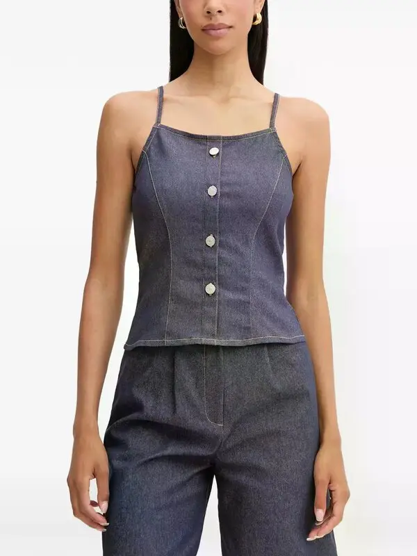 MORGAN Button-up Denim Top With Square Neck - Blue