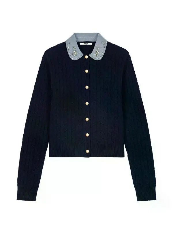 Maje Wool Cable-knit Cardigan With Embellished Collar - Blue