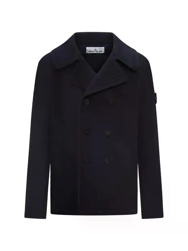 Stone Island Double-breasted Wool Peacoat - Blue