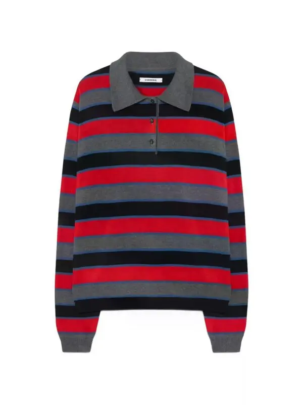 CORDERA Striped Long-sleeve Polo Top - Red