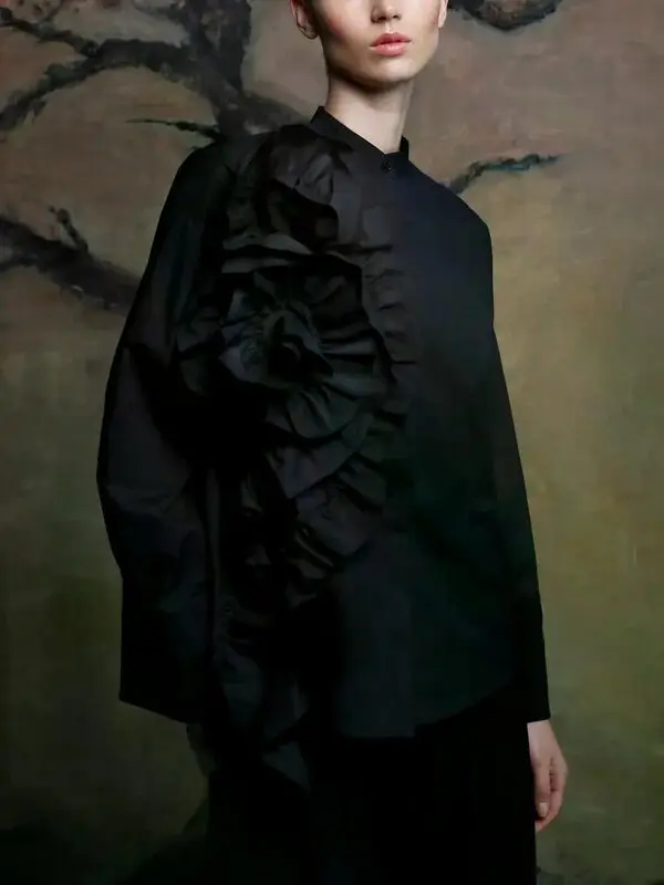 PSOPHIA Ruffle-trimmed Cotton Shirt With Mandarin Collar