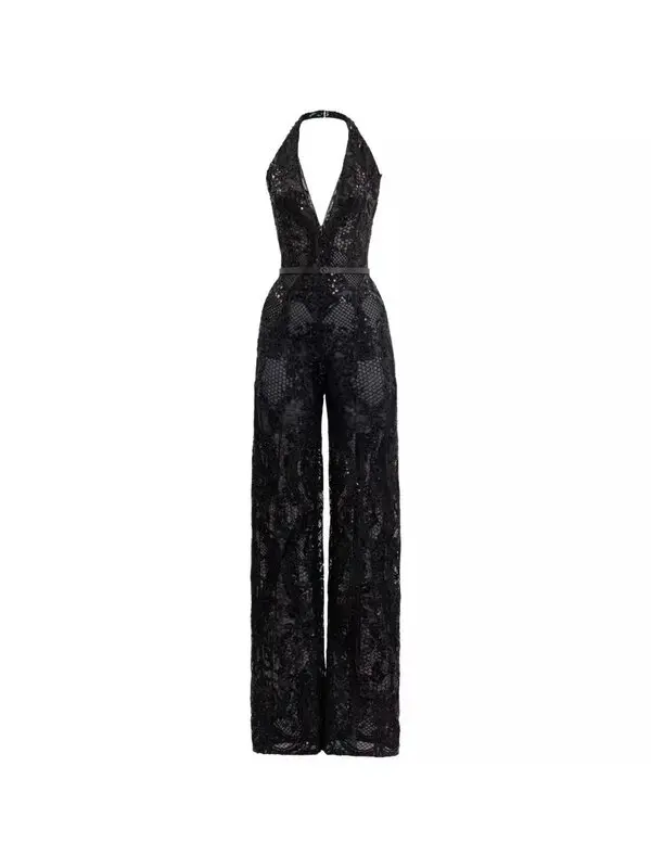 SAIID KOBEISY Embroidered Lace Halterneck Jumpsuit - Black