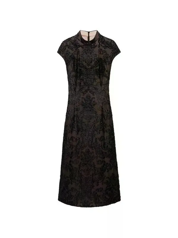 Shanghai Tang Embroidered Mandarin Collar Midi Dress - Black