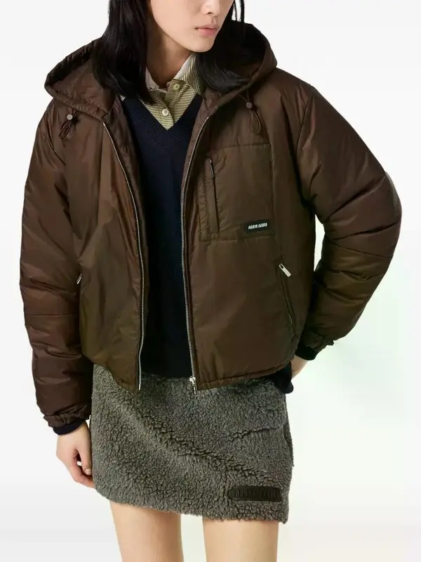 Miu Miu Cropped Ripstop Down Jacket - Brown