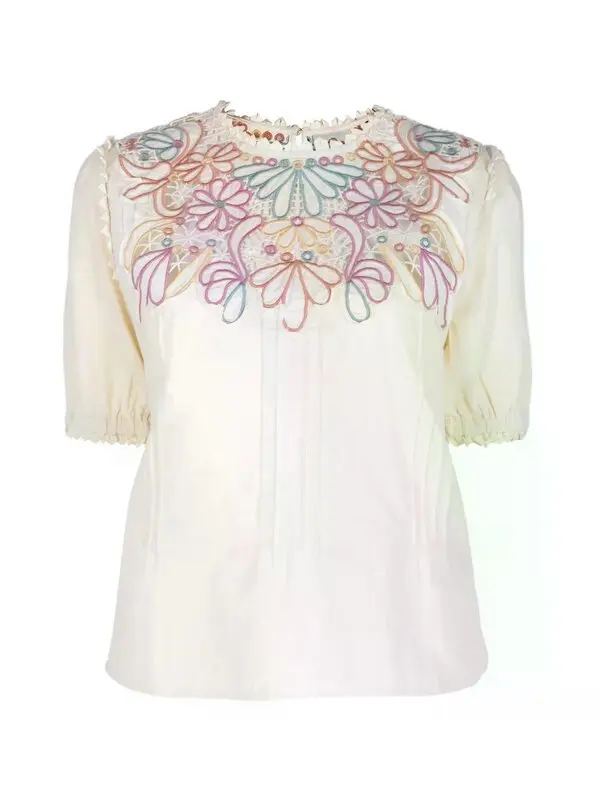 Farm Rio Embroidered Pintuck-detail Blouse - Neutrals