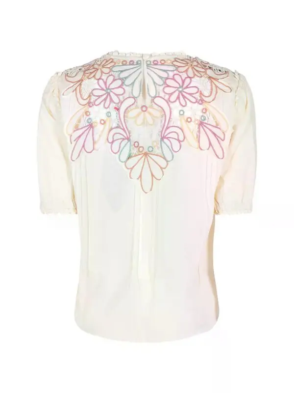 Farm Rio Embroidered Pintuck-detail Blouse