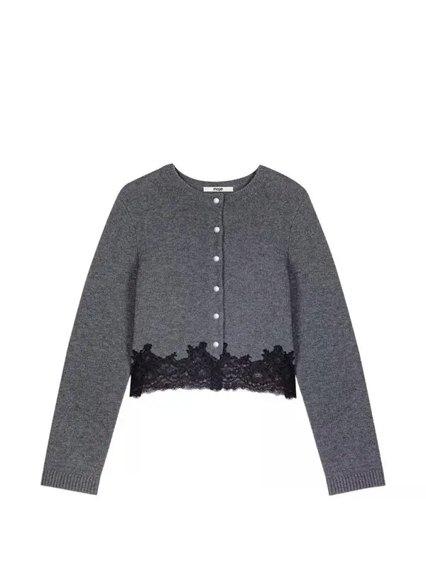 Maje Wool Cardigan And Tank Top Set With Lace Trim - Grey