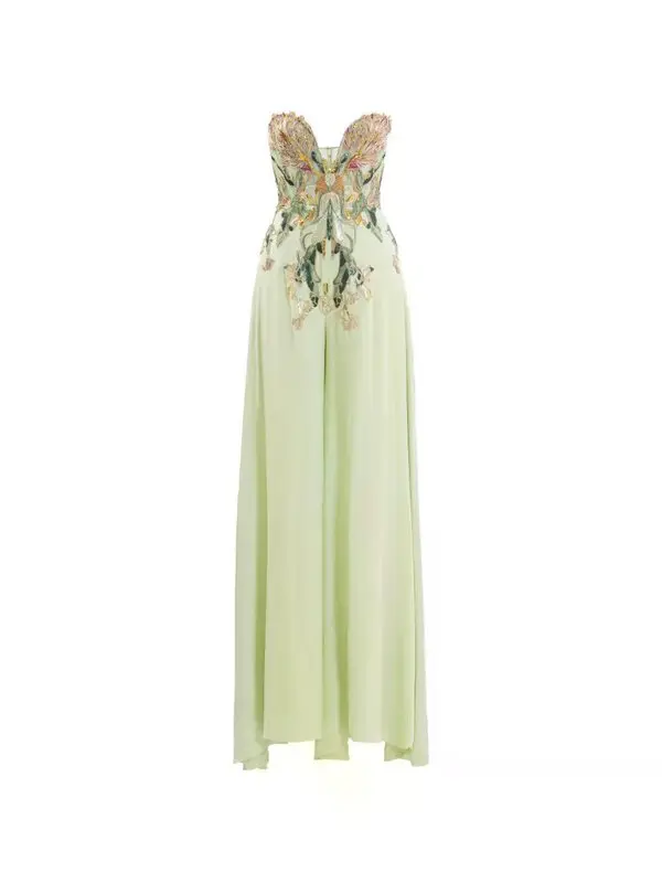 SAIID KOBEISY Embroidered Strapless Wide Leg Jumpsuit - Green