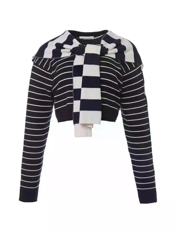 Monse Striped Cropped Sweater With Integrated Scarf - Blue