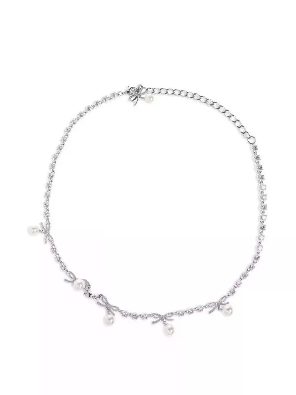 SELF-PORTRAIT Crystal Embellished Bow Necklace - Silver