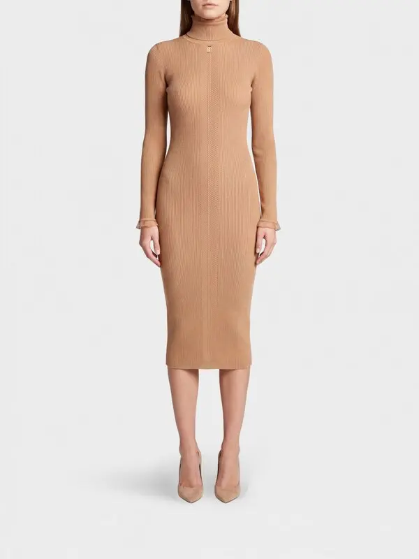 Elisabetta Franchi Ribbed Turtleneck Midi Dress - Beige