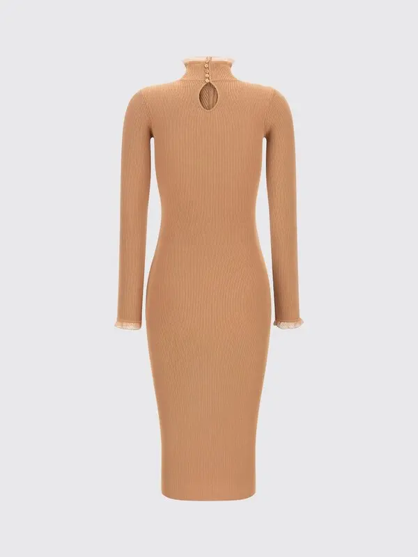 Elisabetta Franchi Ribbed Turtleneck Midi Dress - Beige