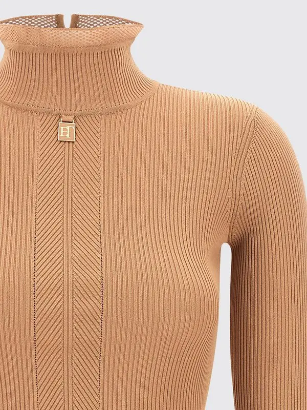 Elisabetta Franchi Ribbed Turtleneck Midi Dress - Beige