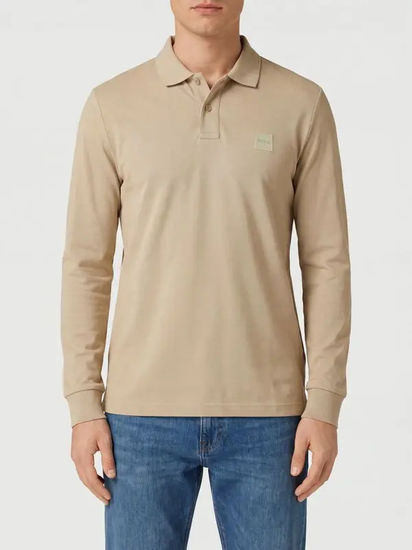 BOSS Long-sleeved Slim Fit Cotton Polo Shirt With Applied Logo - Beige