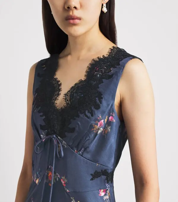 SELF-PORTRAIT Floral Lace Trimmed Satin Midi Dress
