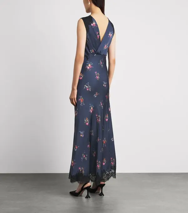 SELF-PORTRAIT Floral Lace Trimmed Satin Midi Dress