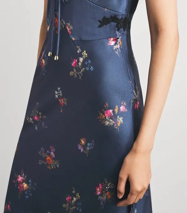 SELF-PORTRAIT Floral Lace Trimmed Satin Midi Dress