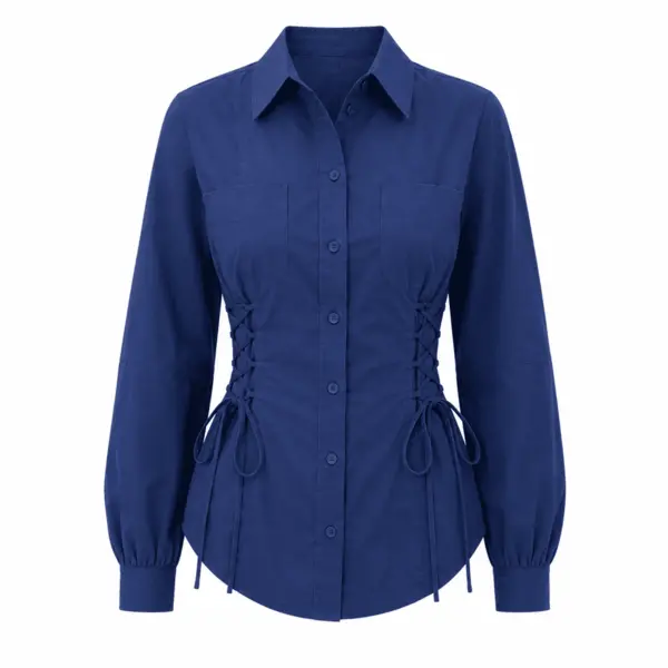 EXQUISE Fitted Waist Balloon Sleeve Shirt - Blue