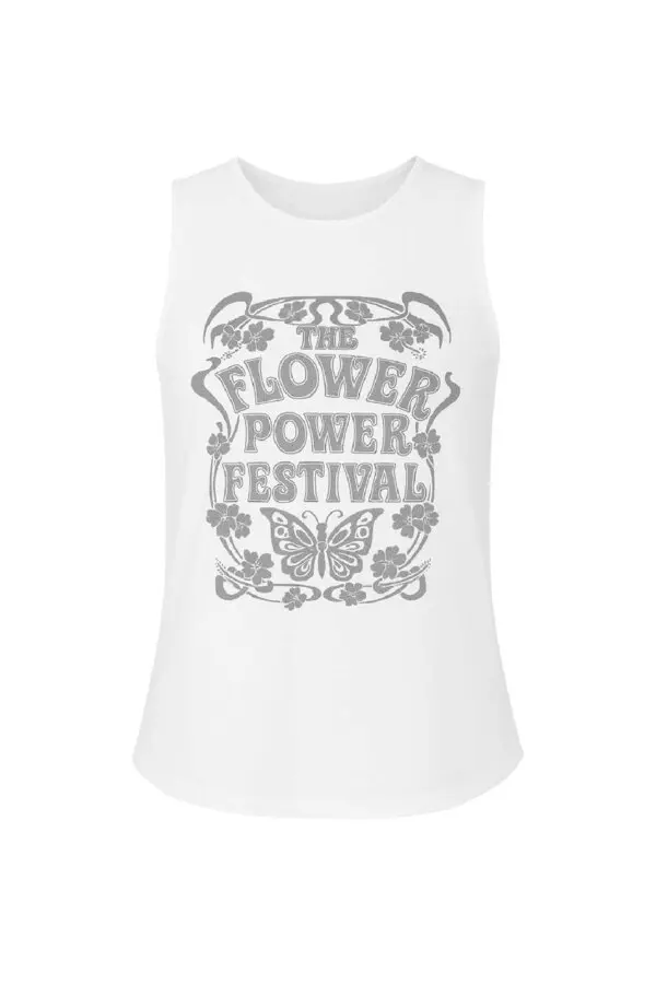 CONQUISTA Sleeveless Cotton-elastane Tank Top With "flower Power Festival" Graphic - White