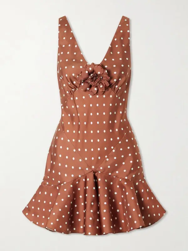 RODARTE Floral-embellished Polka-dot Silk-twill Midi Dress - Brown