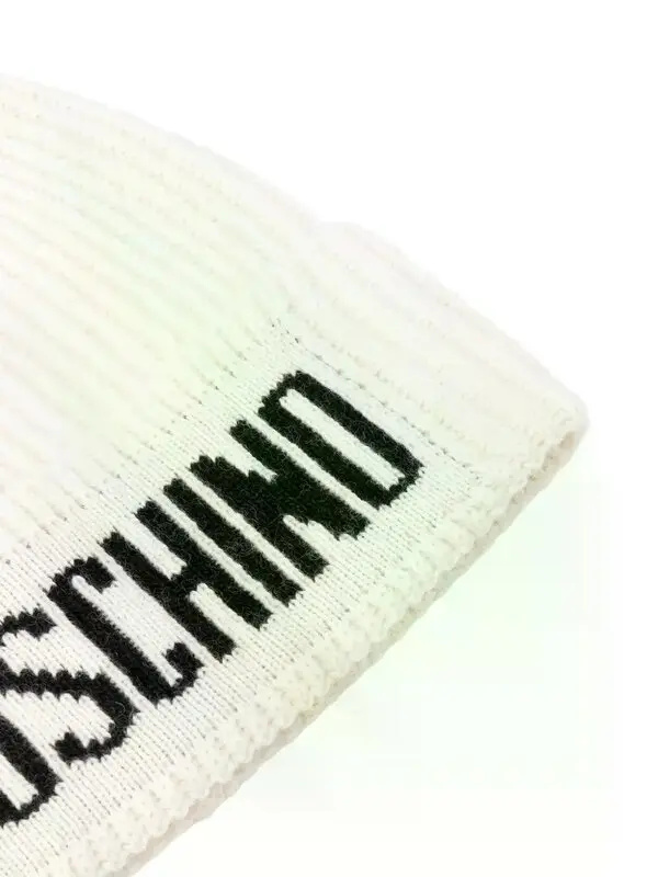 Moschino Intarsia Ribbed Knit Beanie Hat - Neutrals