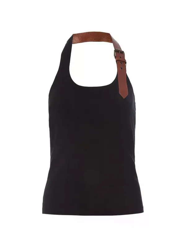 Monse Ribbed Knit Halterneck Top With Leather Strap Detail - Black